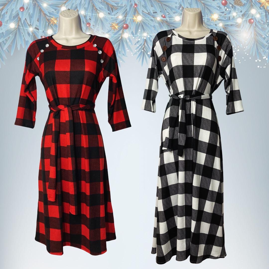 Buffalo Plaid Dress for Christmas Party and Holiday Apparel, Red Dress for Women, A-line Dress ...