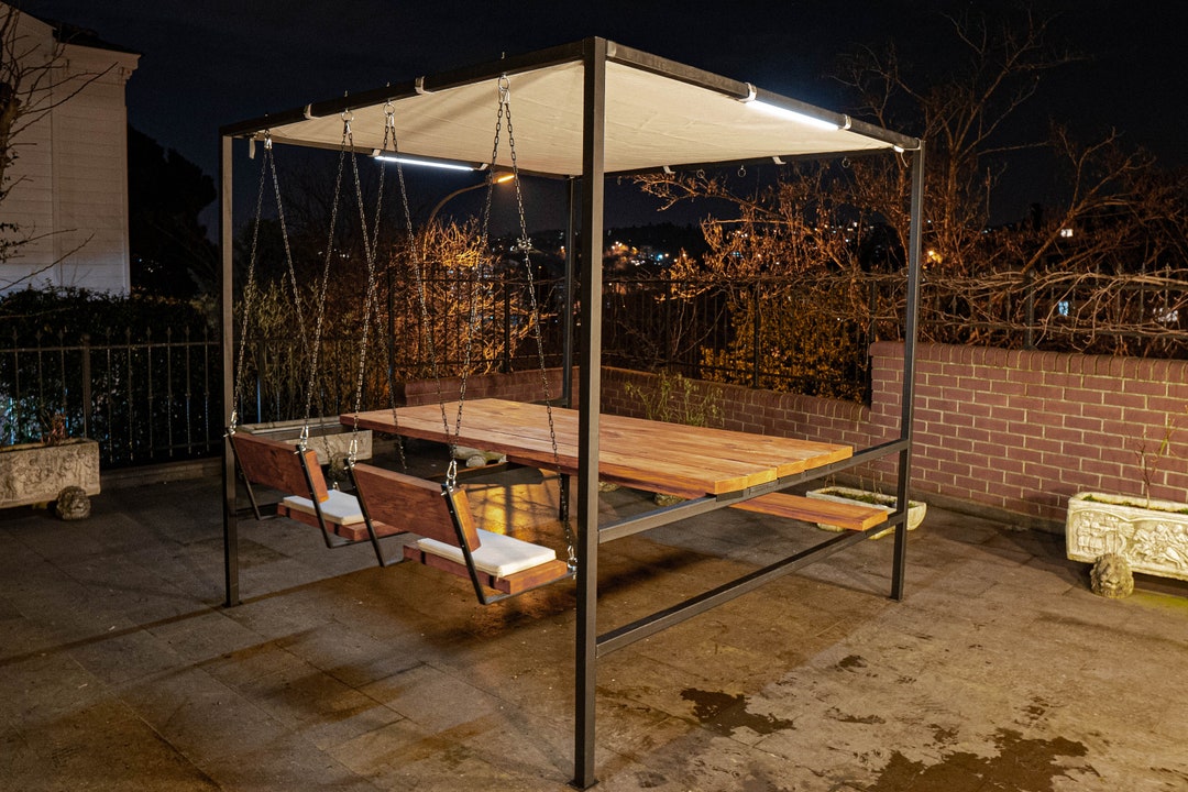 Pine Wood 4 Seater Swing Table With Removable Sun Shade - Indoor and ...