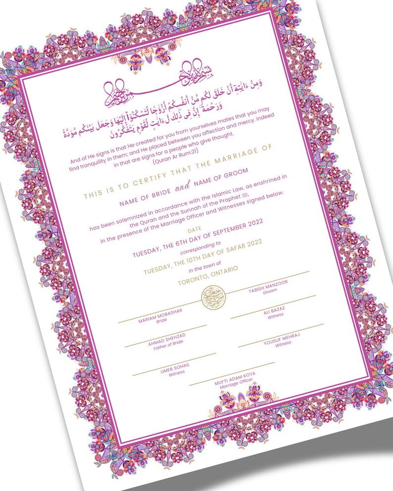 Islamic Marriage Certificate Pink Purple Floral | Nikkah Contract ...