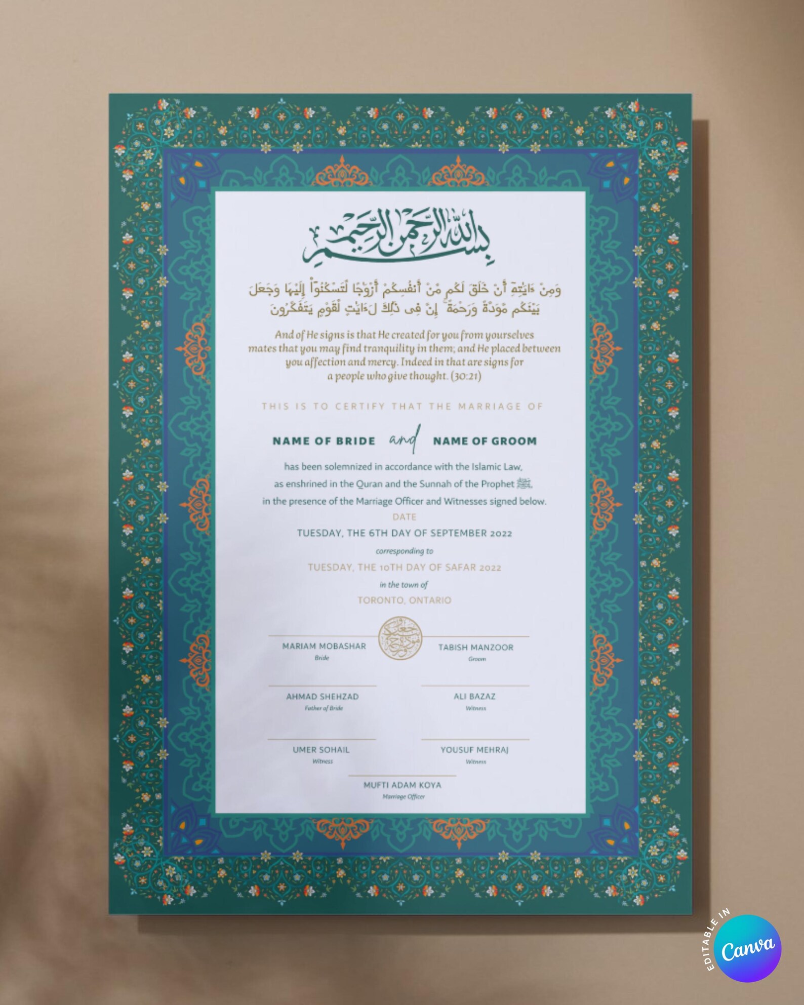 Islamic Nikkah Certificate Template | Teal Green Muslim Marriage ...
