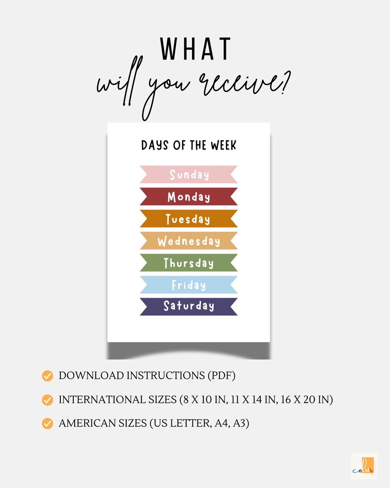 Days of the Week Printable Chart - Colorful Kids Room Decor ...