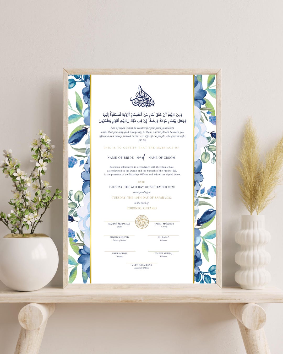 Blue Floral Islamic Nikkah Certificate | Muslim Marriage Contract ...