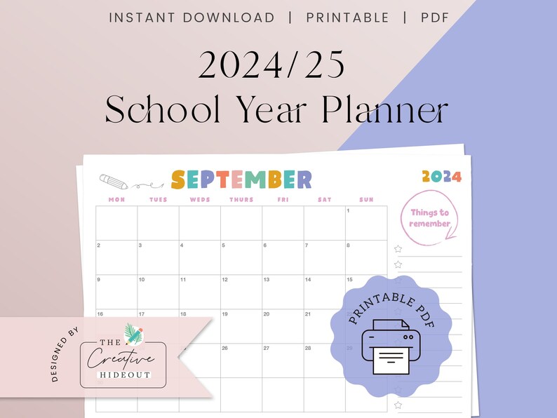 2024/2025 School Year Planner Printable | Academic Calendar | September ...