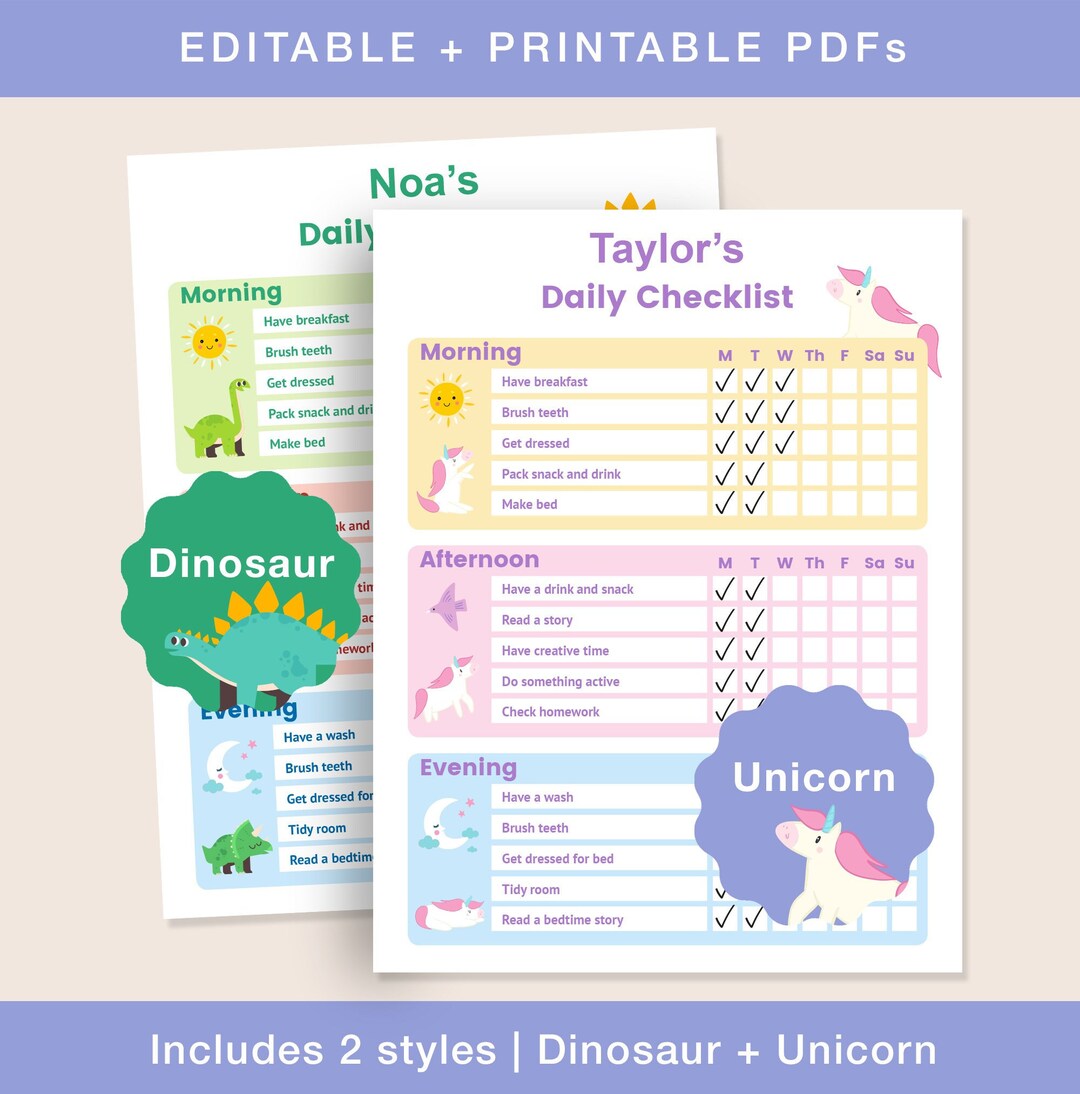 Kids Daily Checklist: Unicorn & Dinosaur, Editable Chores (printable ...