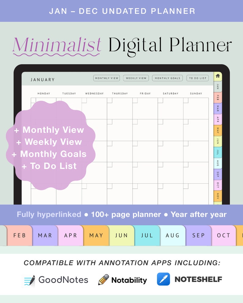 MINIMALIST 2024 Digital Planner for Ipad, Goodnotes Android. Undated ...