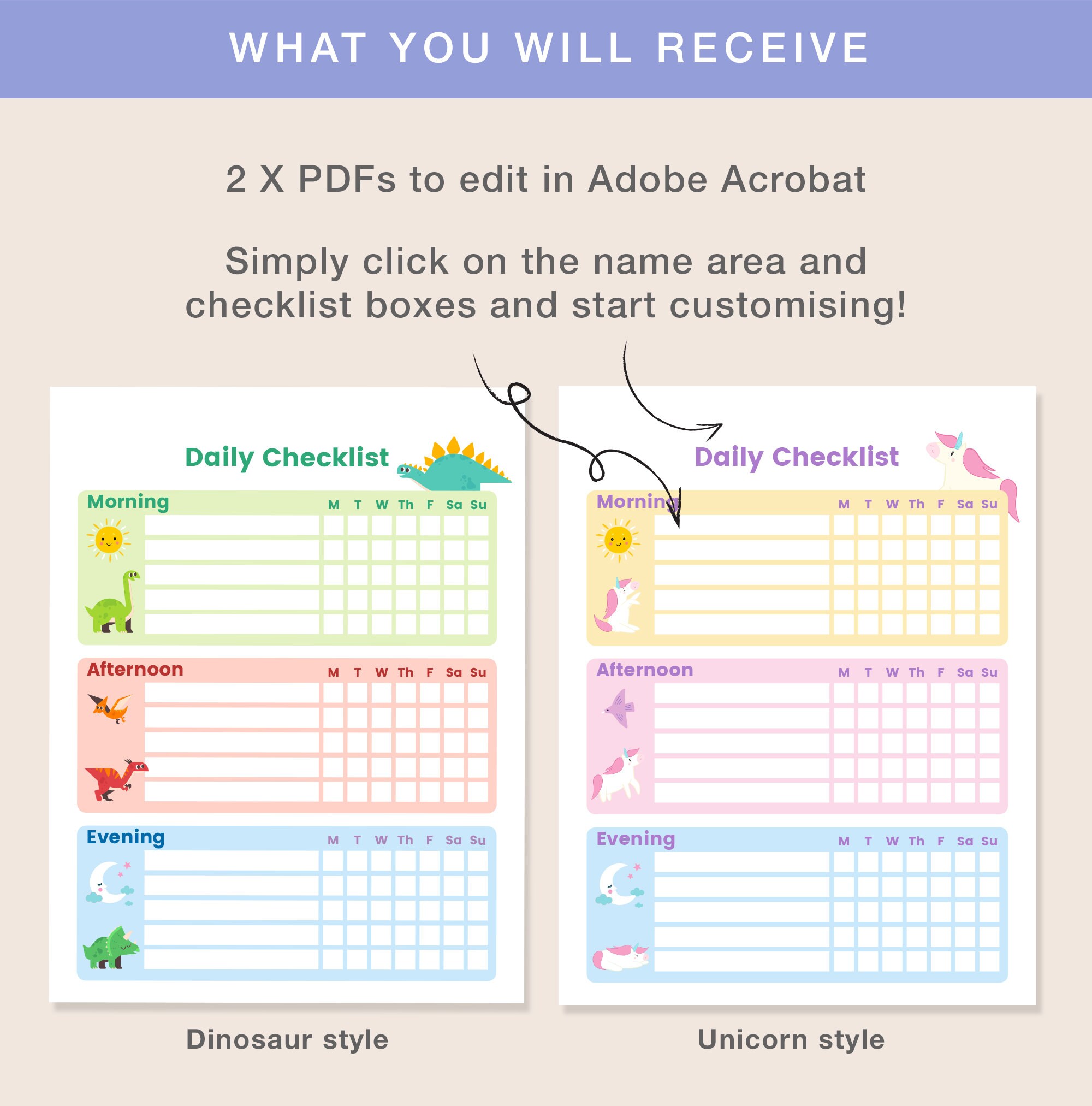 Kids Daily Checklist: Unicorn & Dinosaur, Editable Chores (printable ...
