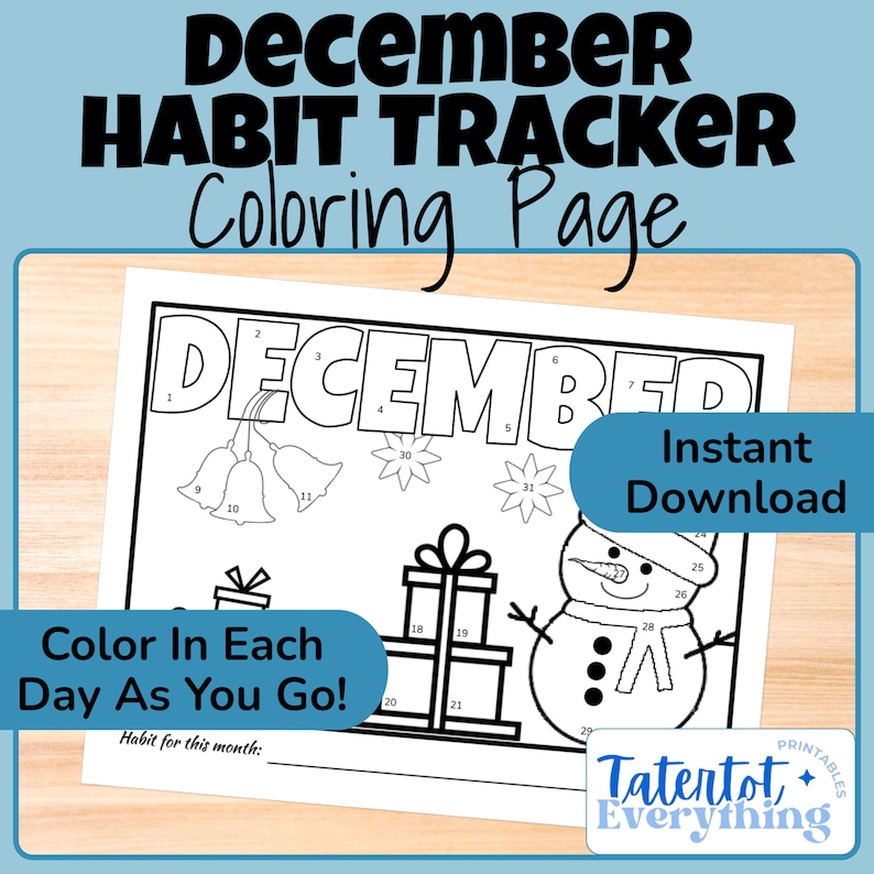 December Monthly Habit Tracker Coloring Sheet, Productivity Tracker ...