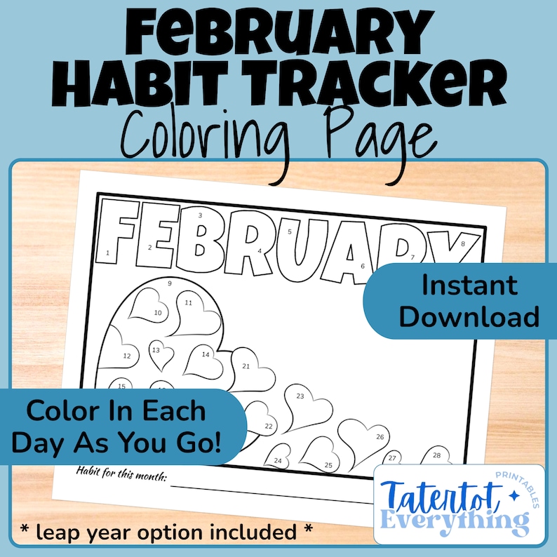 February Monthly Habit Tracker Coloring Sheet, Productivity Tracker ...