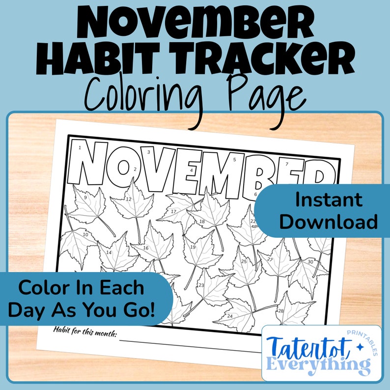 November Monthly Habit Tracker Coloring Sheet, Productivity Tracker ...