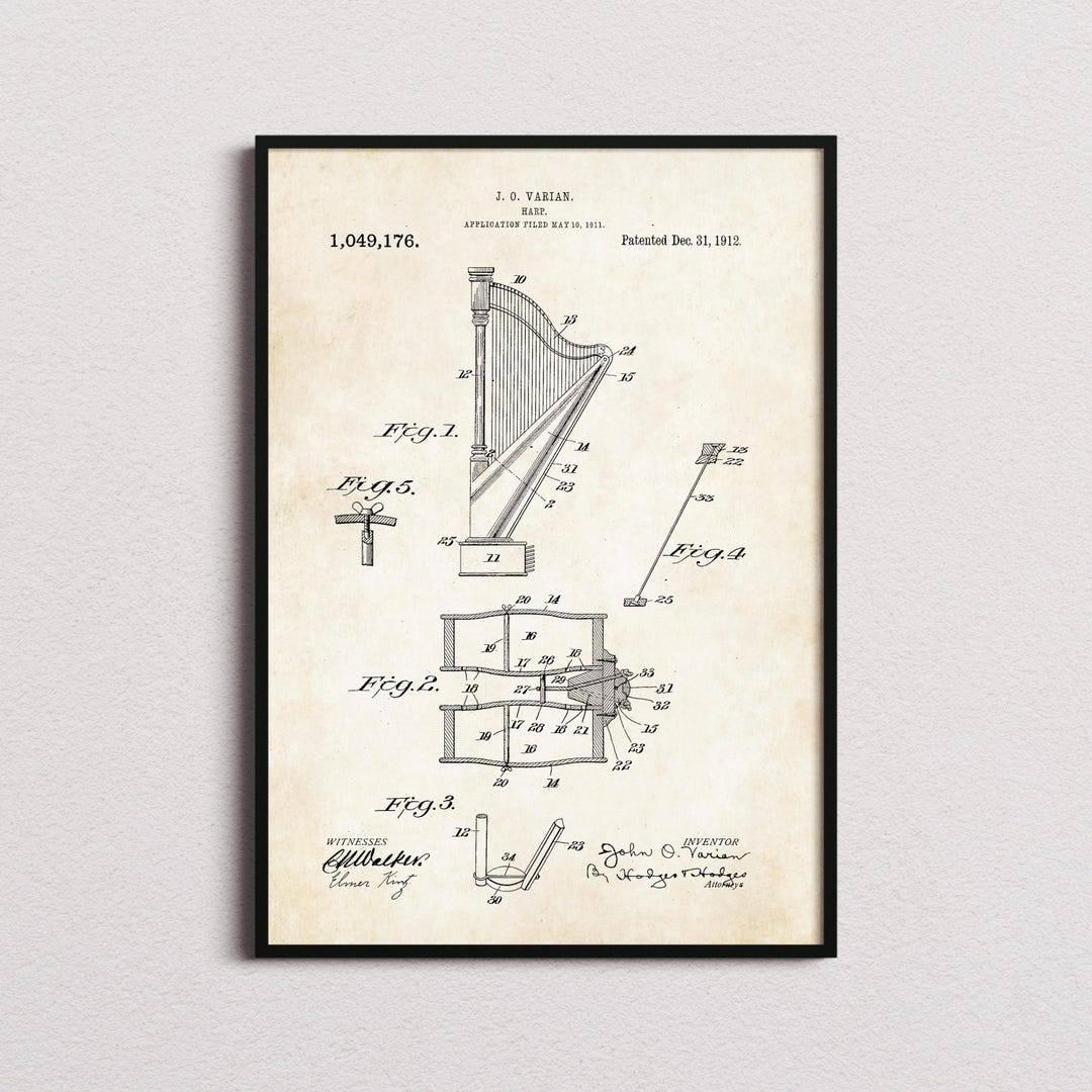 Harp Patent Print, Harp Poster, Harp Wall Art, Harp Art Print, Harp ...
