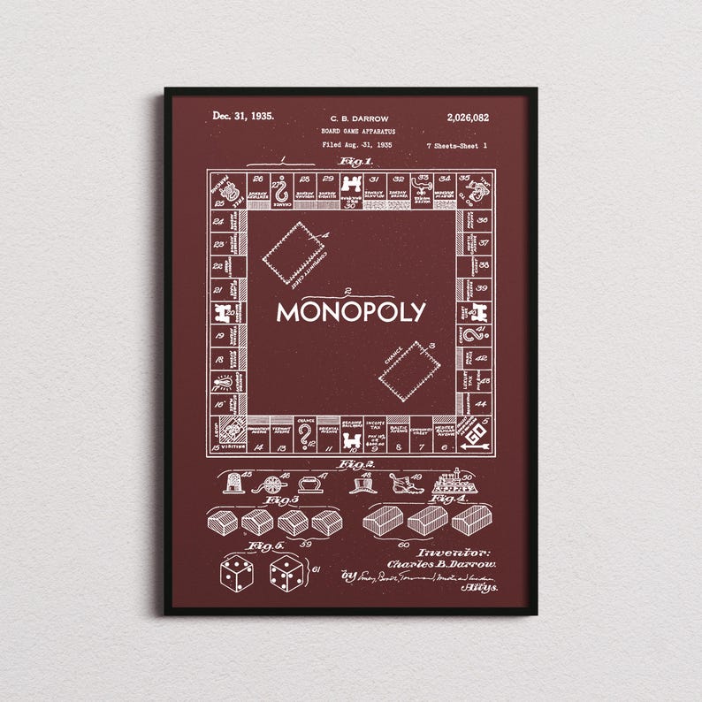 Monopoly Patent Print, Monopoly Poster, Monopoly Wall Art, Monopoly Art ...