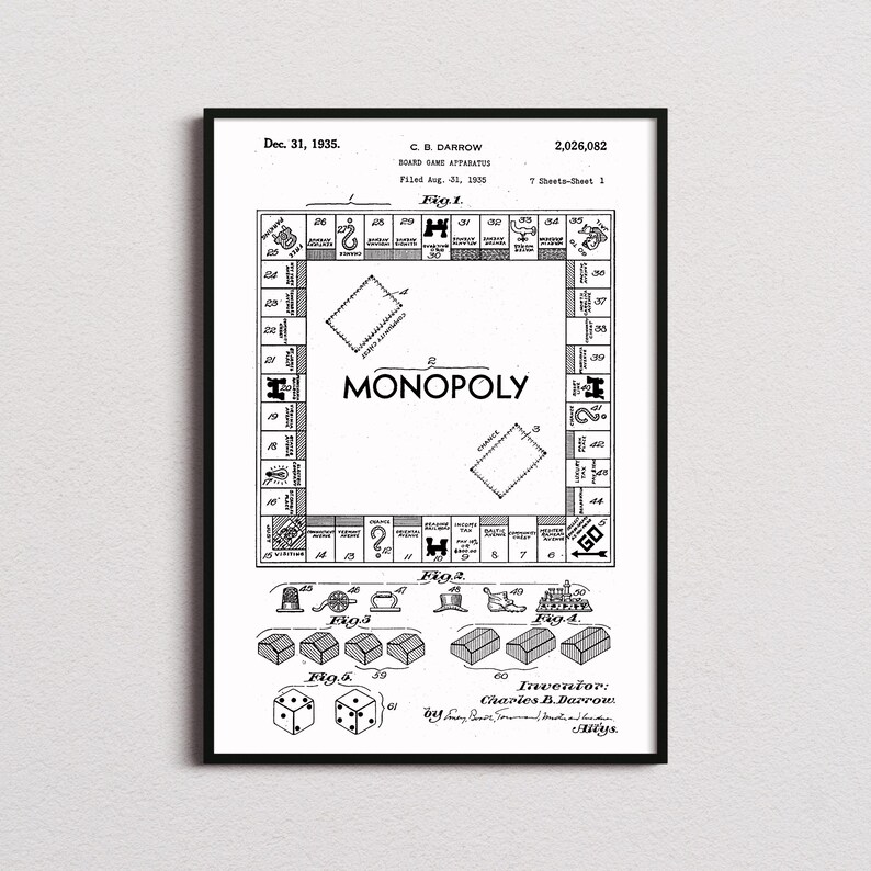 Monopoly Patent Print, Monopoly Poster, Monopoly Wall Art, Monopoly Art ...