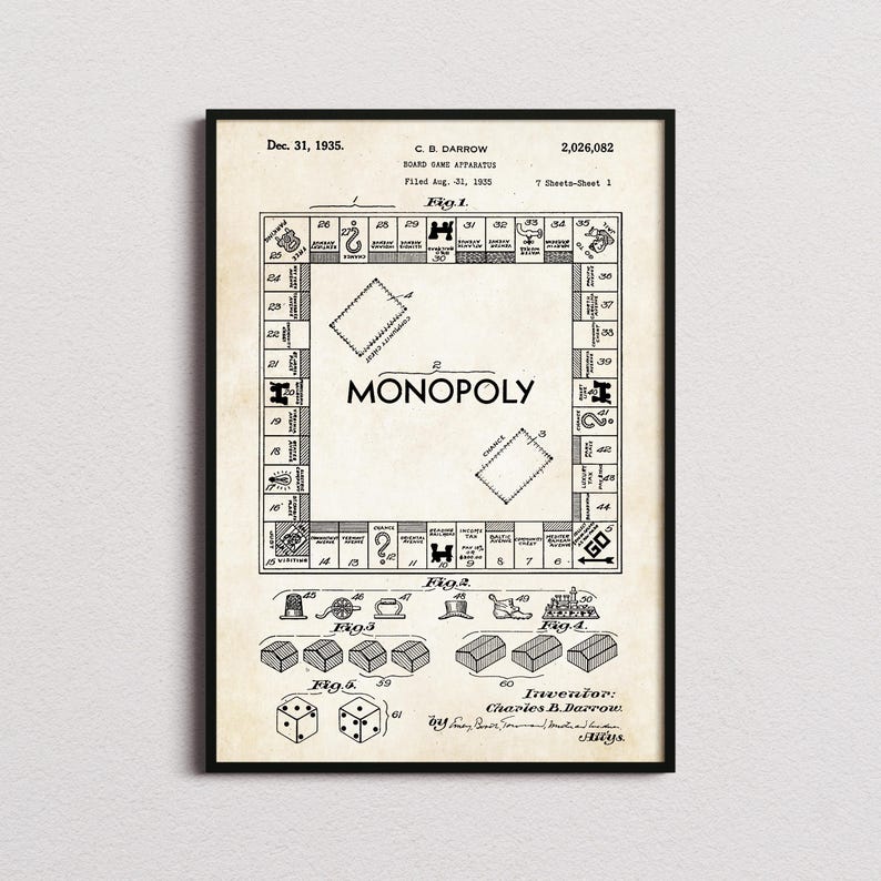 Monopoly Patent Print, Monopoly Poster, Monopoly Wall Art, Monopoly Art ...