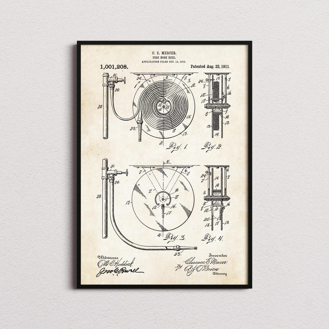 Fire Hose Reel Patent Print, Fire Hose Reel Poster, Fire Hose Reel Wall ...