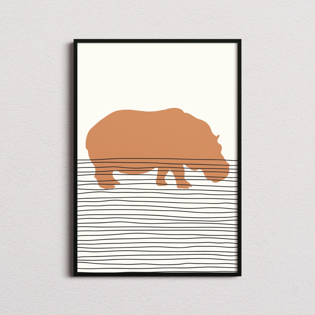 Hippo Print, Hippo Poster, Hippo Mid-century Art, Hippo Wall Art, Hippo ...