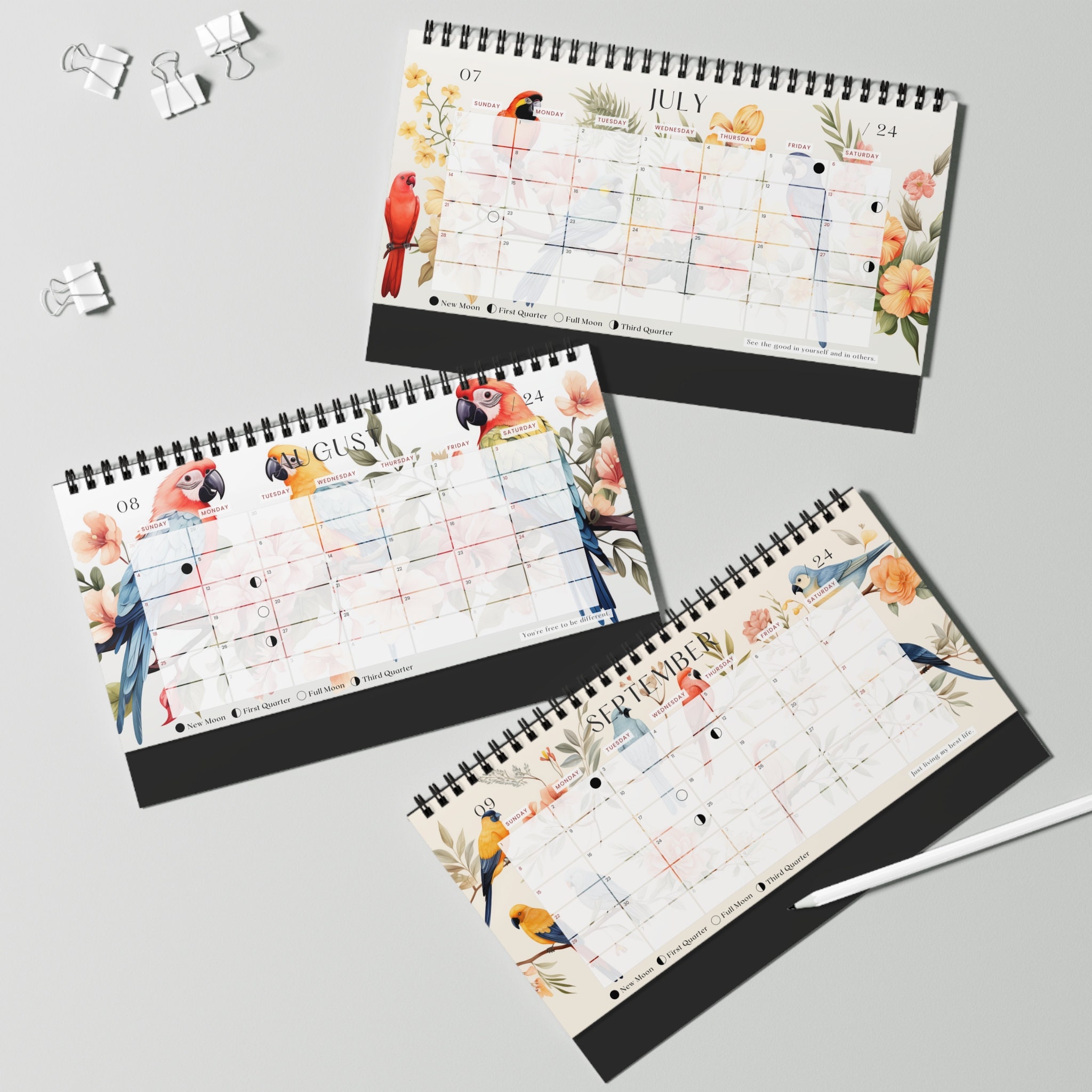 Birds Flowers Desk Calendar 2024 12 Month Watercolor Desk Calendar ...