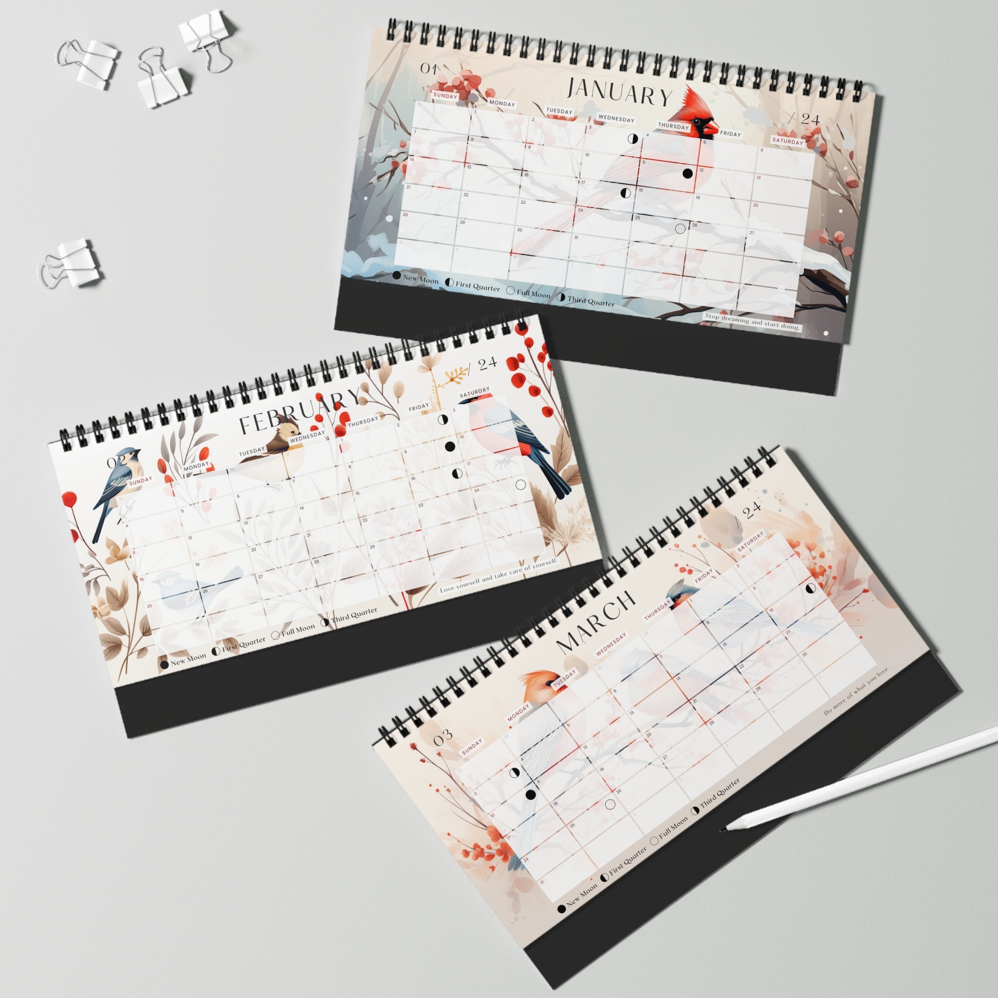 Birds Flowers Desk Calendar 2024 12 Month Watercolor Desk Calendar ...