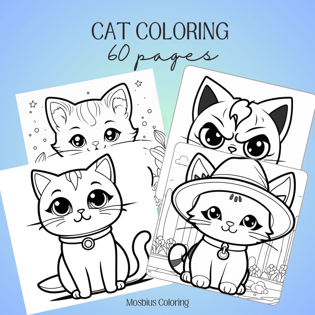 60 Cat Coloring Page. Kawaii Book, Printable Colour Cat, Line Art, Busy ...