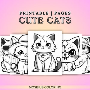 60 Cat Coloring Page. Kawaii Book, Printable Colour Cat, Line Art, Busy ...