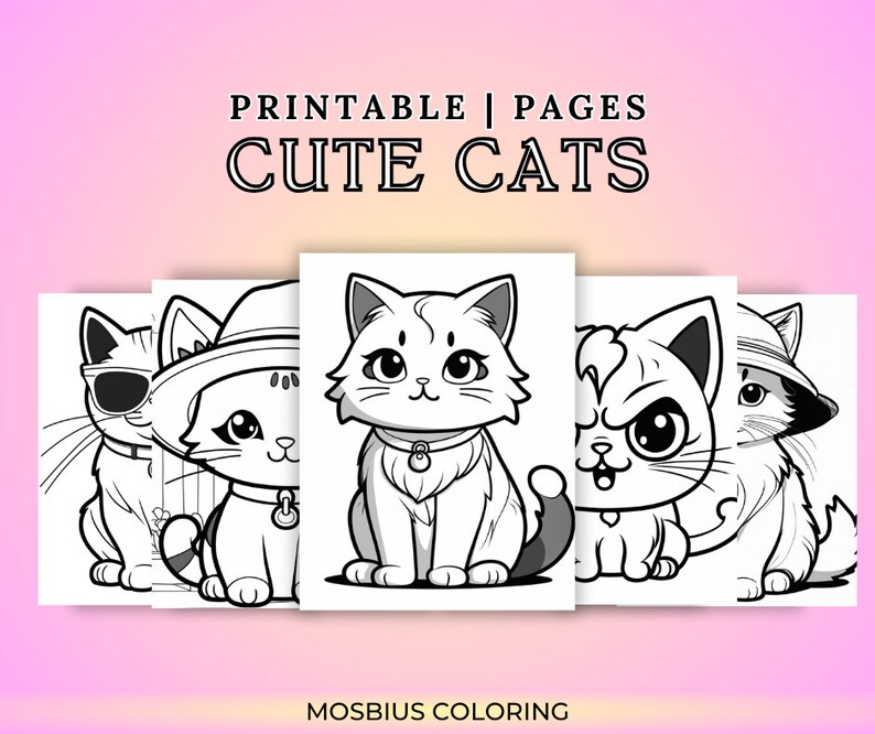 60 Cat Coloring Page. Kawaii Book, Printable Colour Cat, Line Art, Busy ...