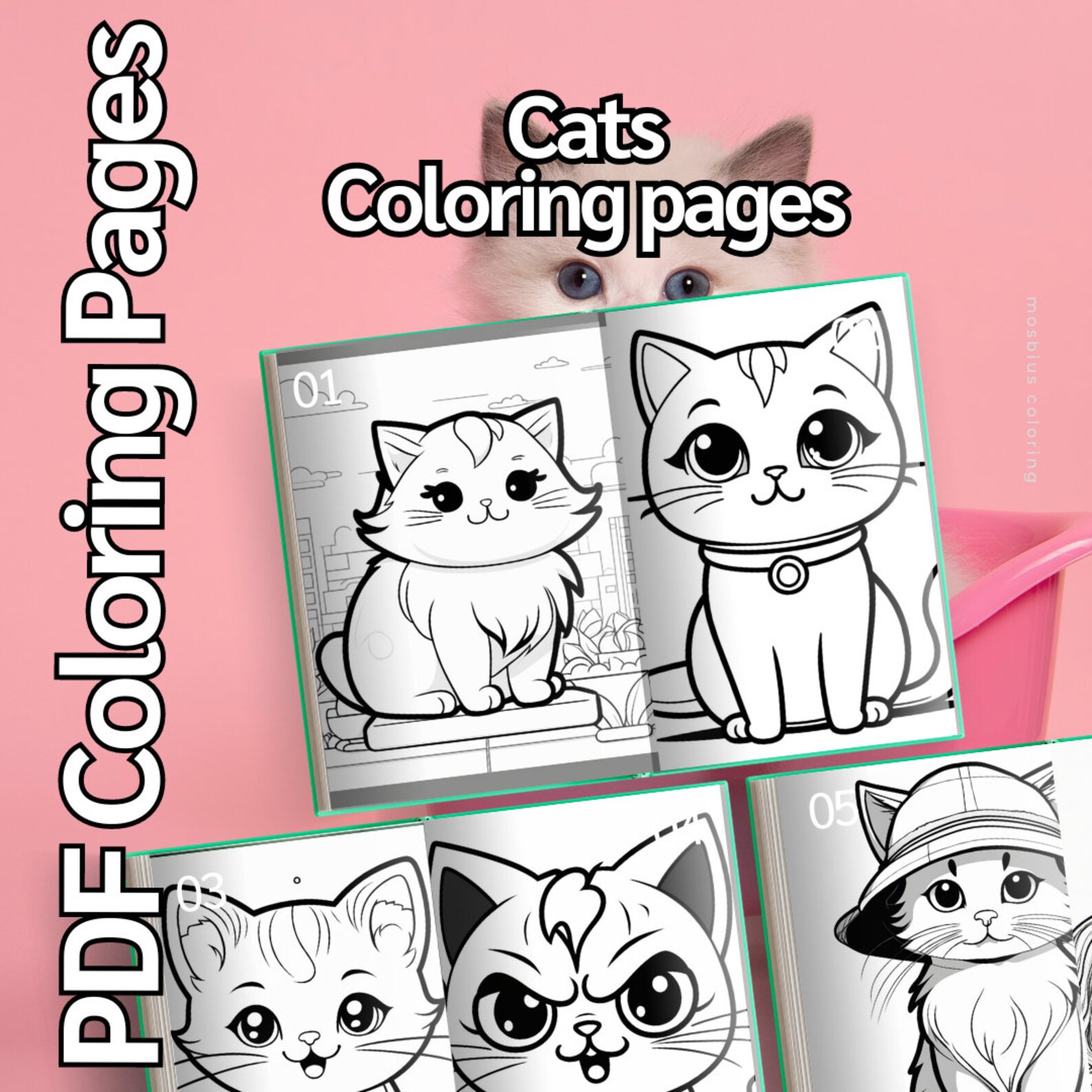60 Cat Coloring Page. Kawaii Book, Printable Colour Cat, Line Art, Busy ...
