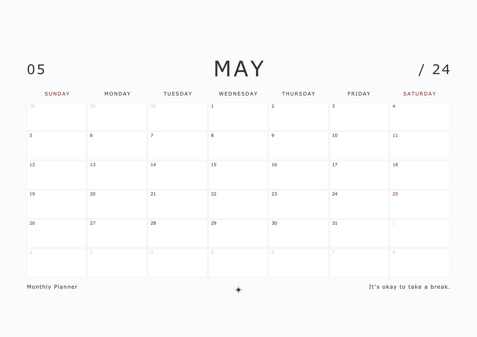 2024 Calendar, Minimalistic Calendar, Printable Calendar 2024, Instant ...
