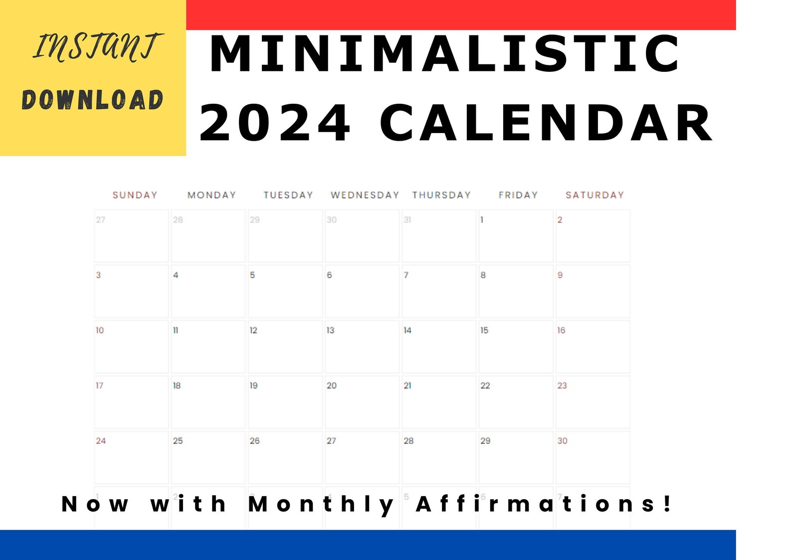 2024 Calendar, Minimalistic Calendar, Printable Calendar 2024, Instant ...