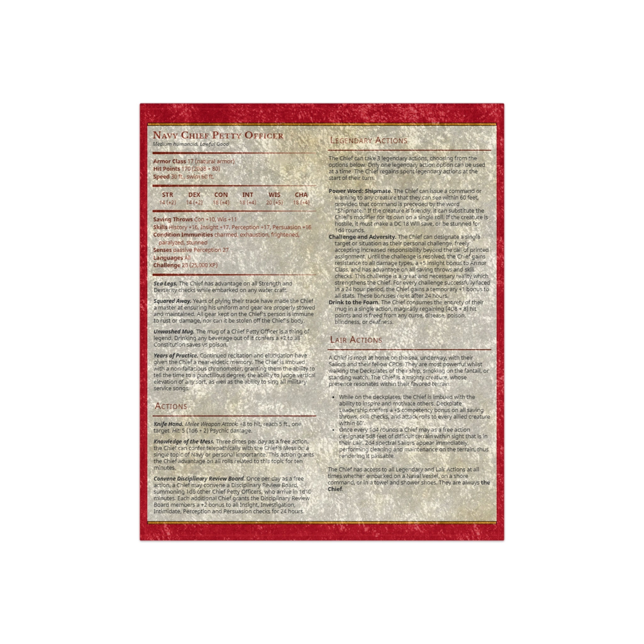 Navy Chief Petty Officer Dungeons and Dragons Stat Block CPO Gift Nerd ...