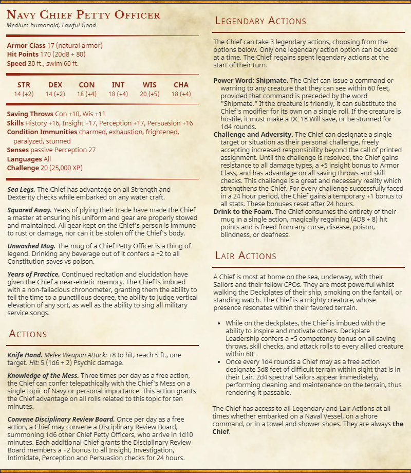 Navy Chief Petty Officer Dungeons and Dragons Stat Block CPO Gift Nerd ...