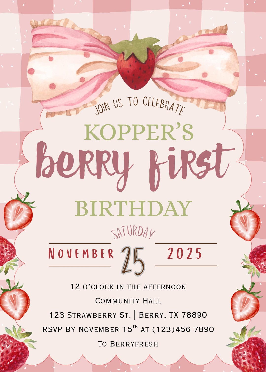 Berry First Birthday Invitation | Girl First Birthday Invitation ...