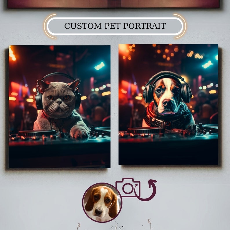 Custom DJ Pet Portrait: Funny Musical Dog & Cat Canvas Art - Etsy