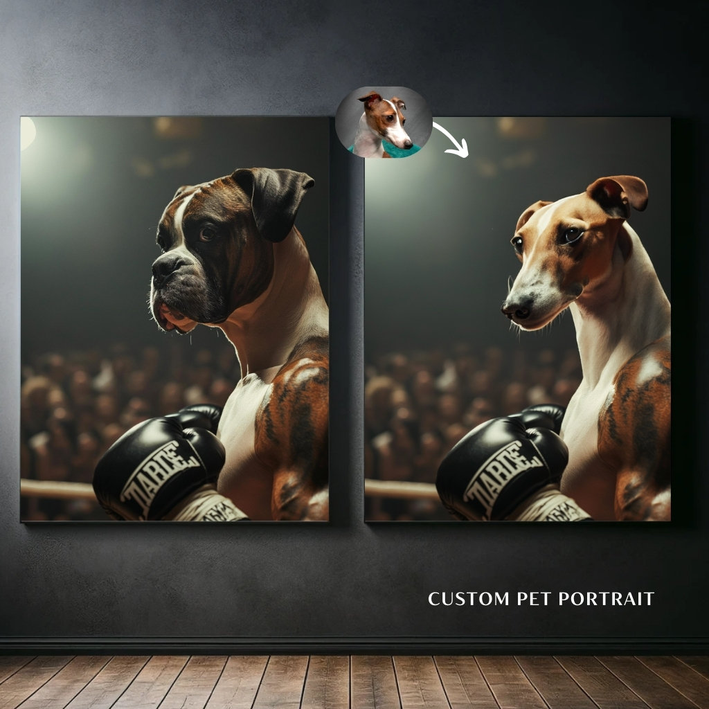 Fighter Custom Pet Portrait From Photo, Boxer With Boxing Gloves Wall ...