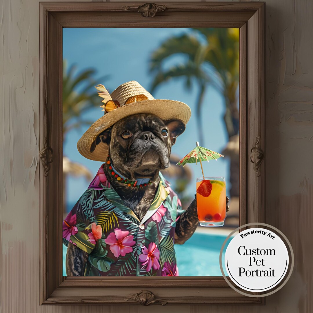 Custom Pet Portrait in Summer Vibes Beach Bar, Pet Drinking Cocktail ...