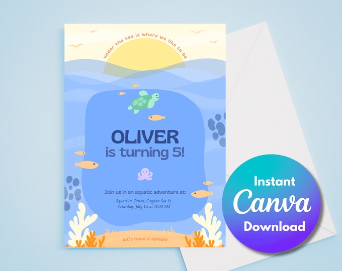 Editable Turtle Birthday Invitation | Under the Sea Canva Template ...