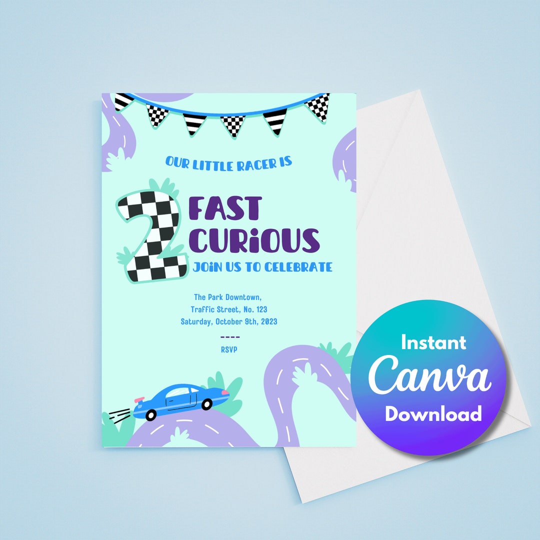 Editable ‘2 Fast 2 Curious’ Race Car Birthday Invitation | Kids Party ...