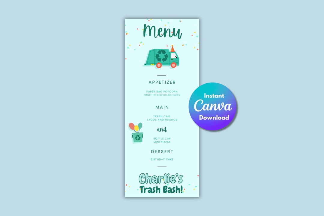Custom Digital Green Recycling Truck Party Printable Food Menu | Custom ...