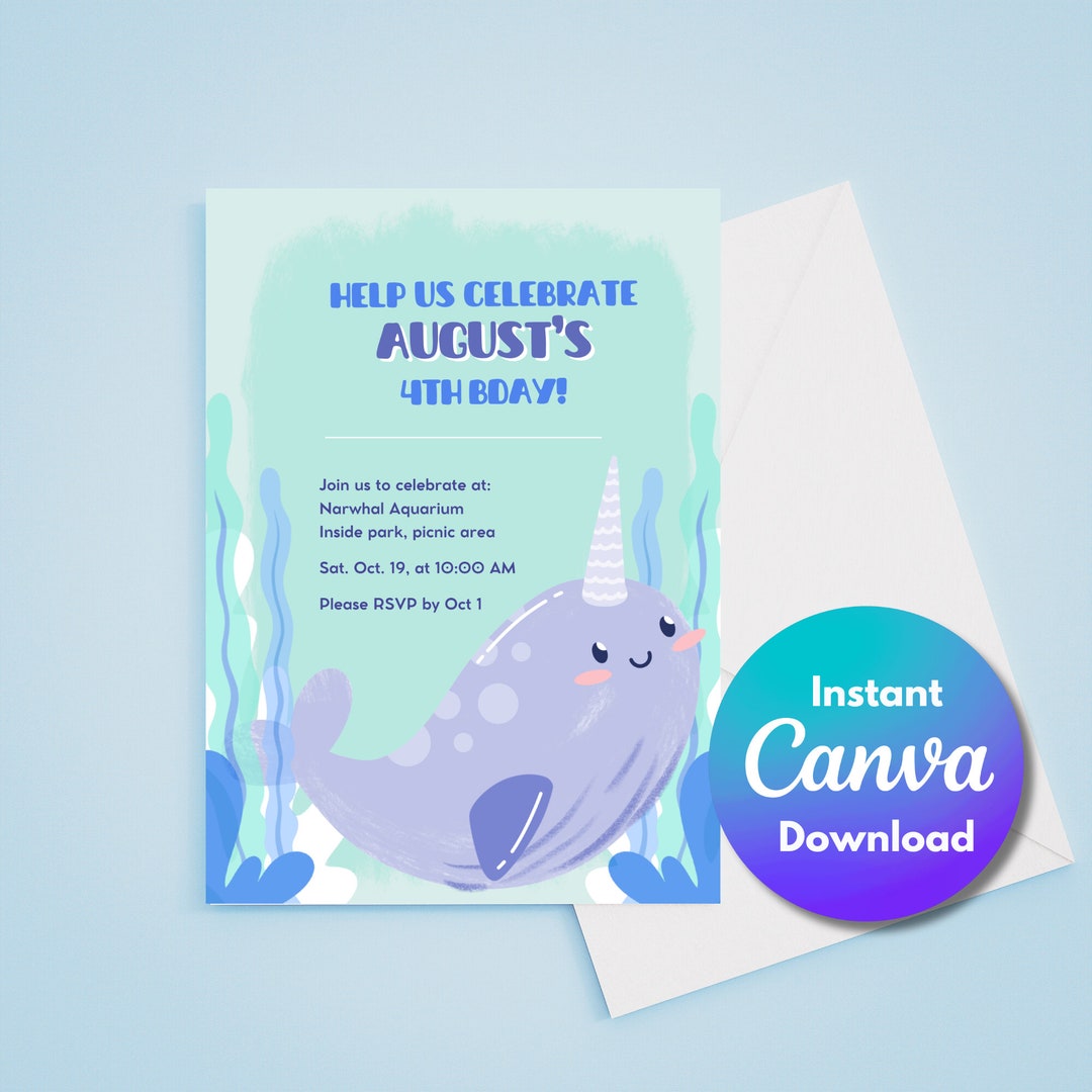 Editable Narwhal Birthday Invitation | Under-the-sea Kids Party Canva ...