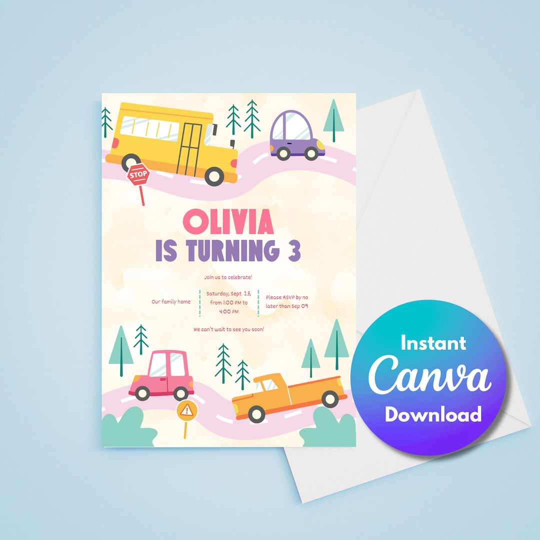Editable Girly Transportation Birthday Invitation | Pastel Car & Bus ...