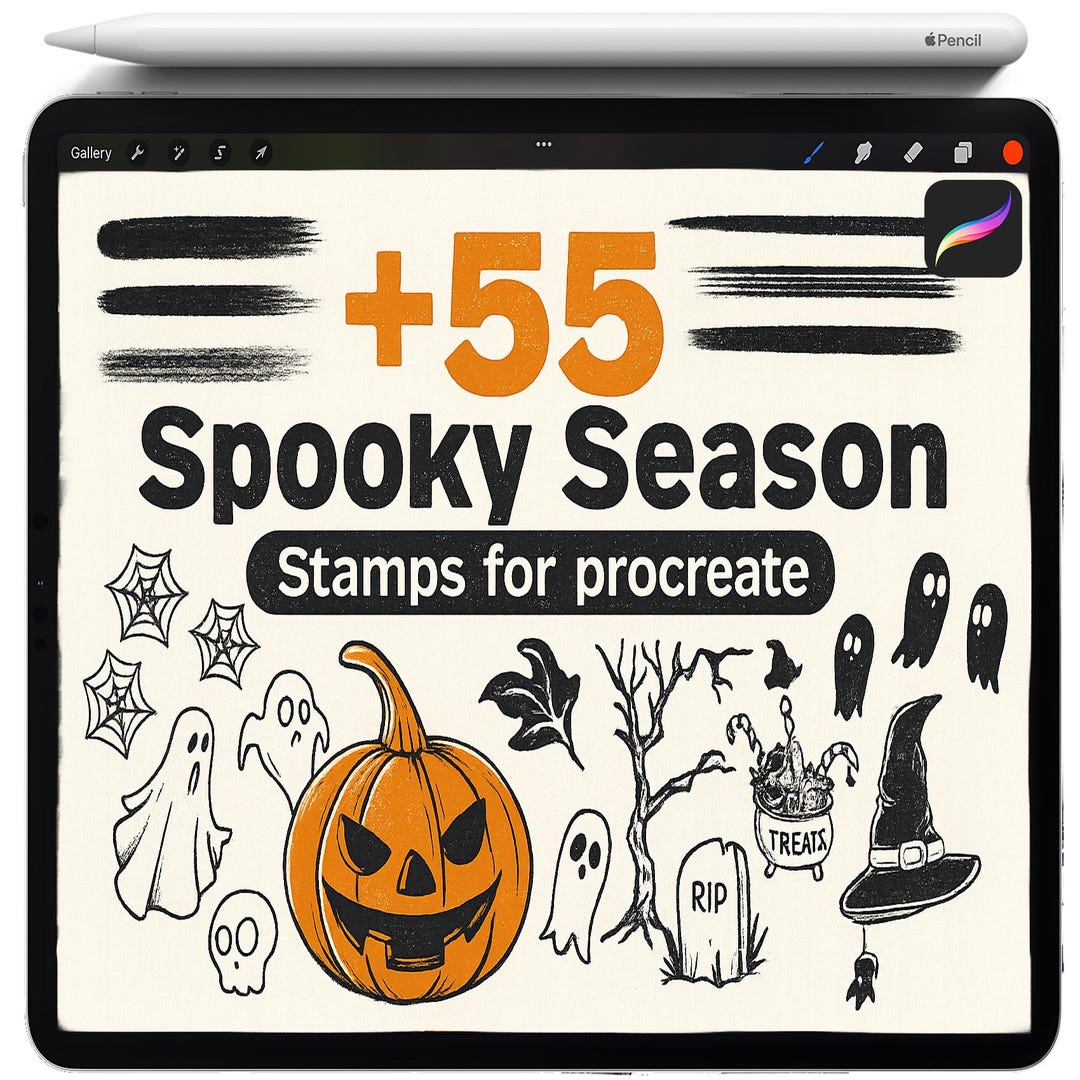 Procreate Halloween Brushes, Spooky Stamps, Ghosts, Pumpkins, Skulls ...