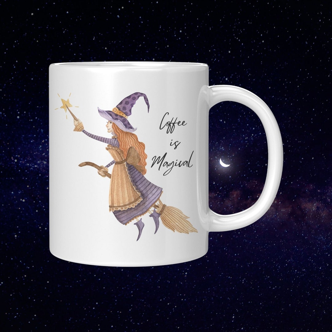 Coffee is Magical Ceramic Mug With Witch on Broom Witchy Coffee Cup ...
