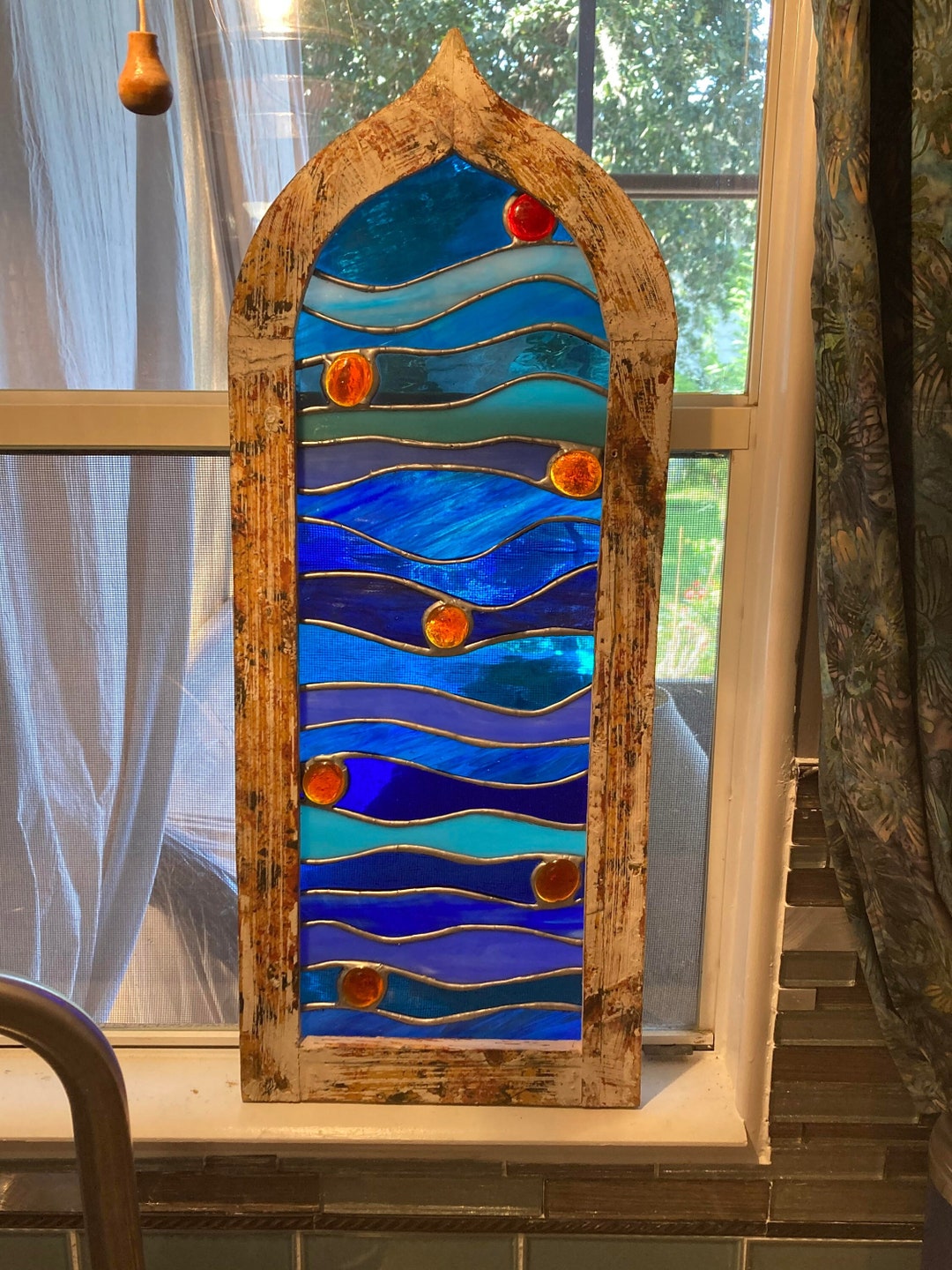 Stained Glass Window/wall Hanging Panel With Custom Wood Frame the Wave ...