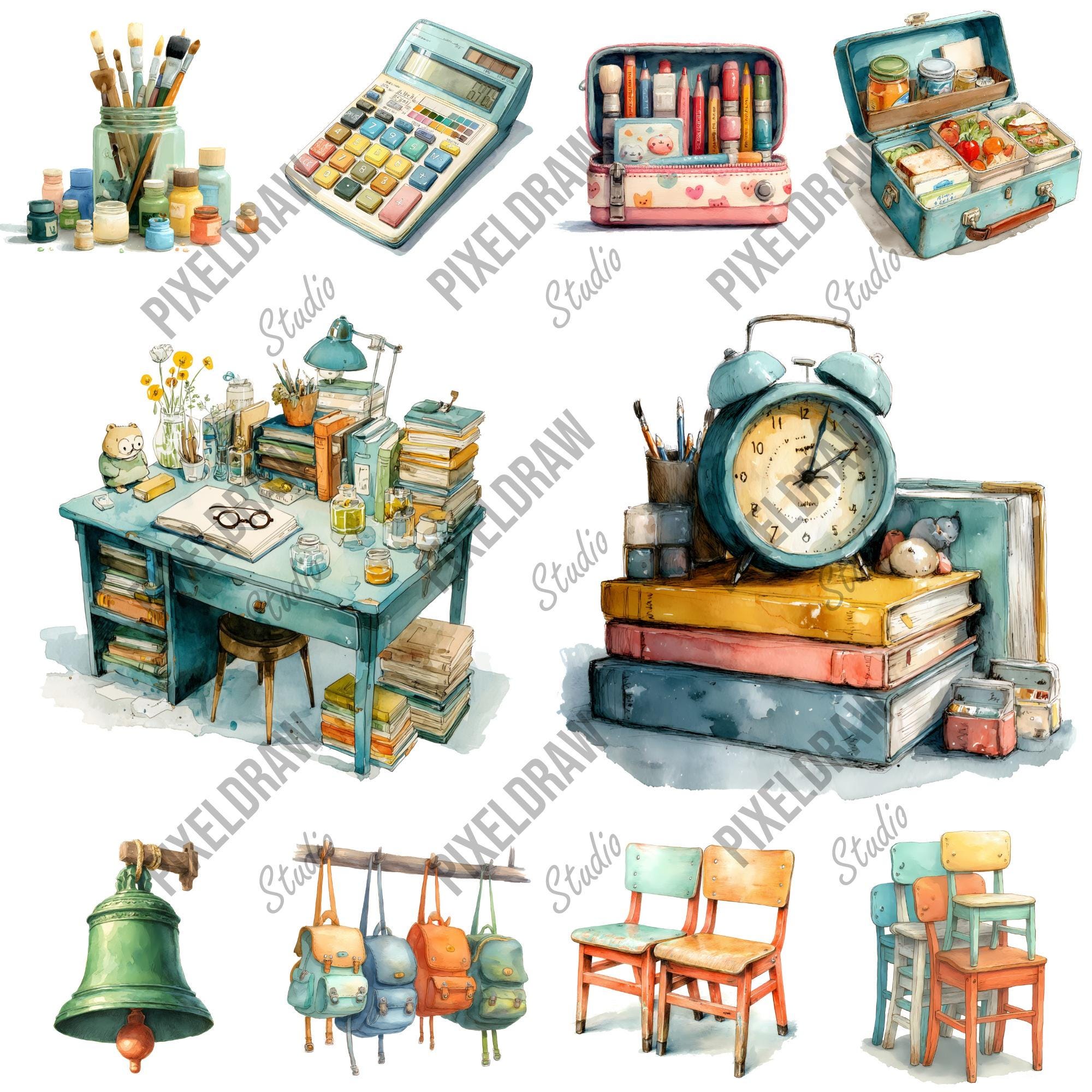 Back to School Clipart Bundle - 80 Pngs - Watercolor Classroom & Kids ...