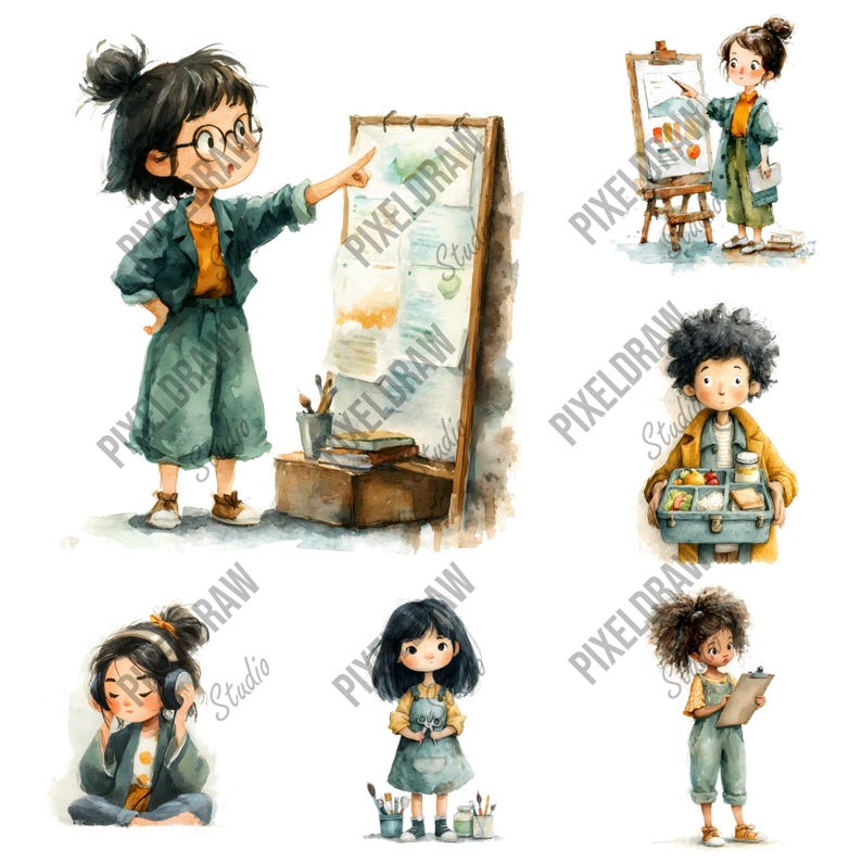 Watercolor School Kids Clipart Bundle – 48 Pngs, Transparent Background ...