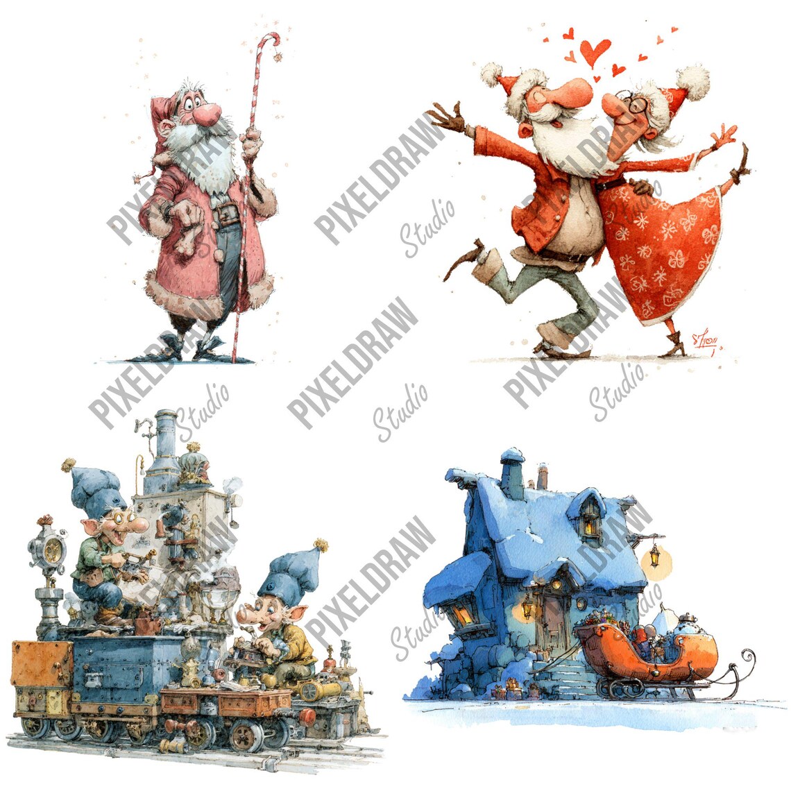 Santa and Friends Clipart Set – 32 Watercolor Christmas Pngs, Whimsical ...