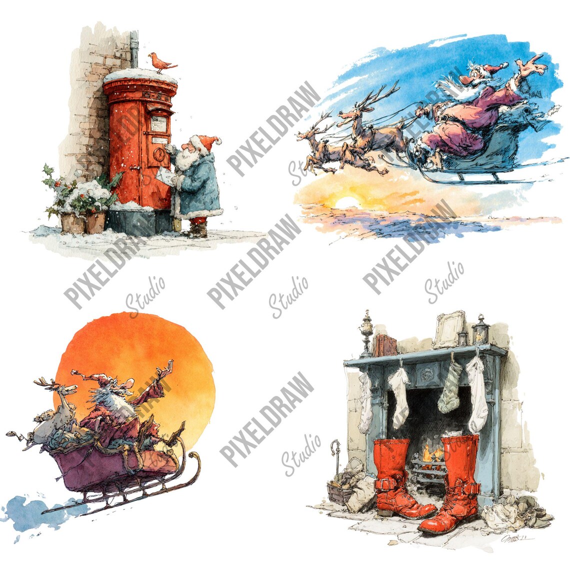 Santa and Friends Clipart Set – 32 Watercolor Christmas Pngs, Whimsical ...