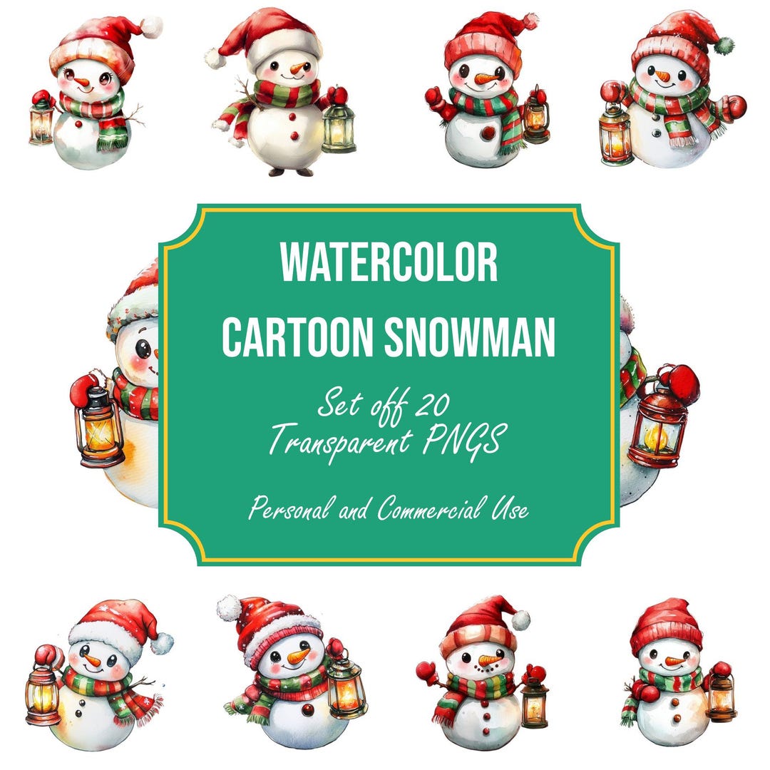 Watercolor Cartoon Snowman Clipart Set - 20 PNG Illustrations With ...