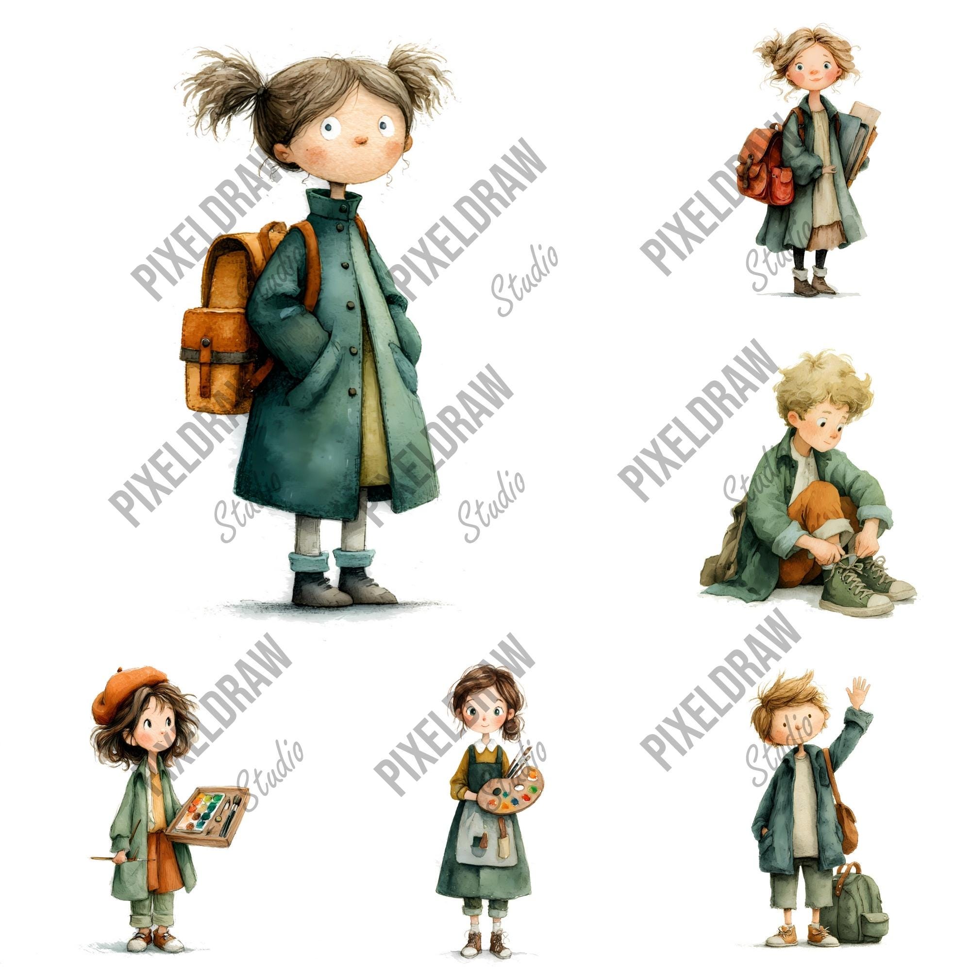 Watercolor School Kids Clipart Bundle – 48 Pngs, Transparent Background ...