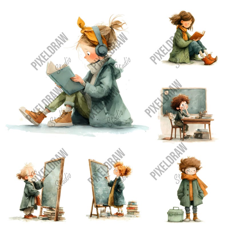 Watercolor School Kids Clipart Bundle – 48 Pngs, Transparent Background ...
