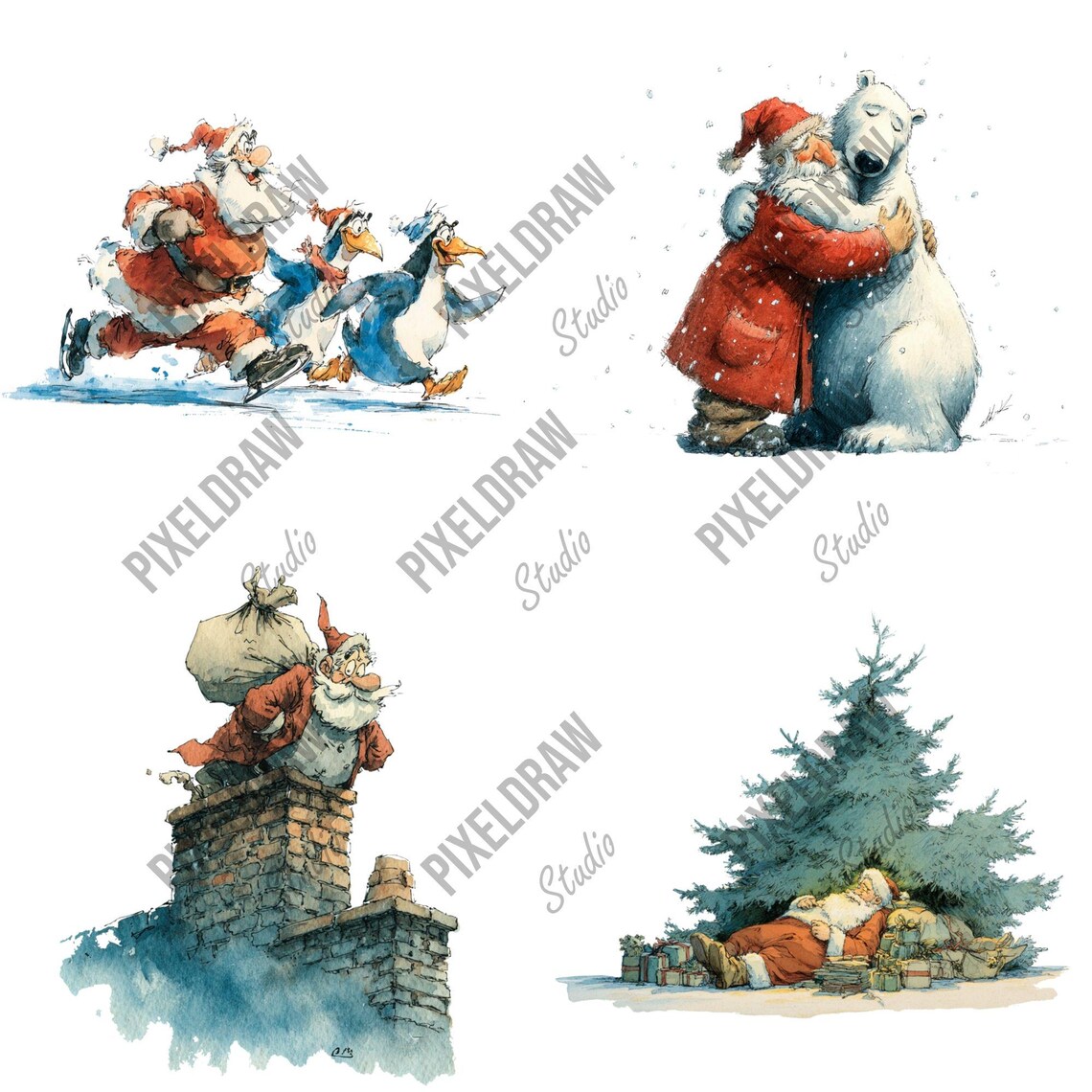 Santa and Friends Clipart Set – 32 Watercolor Christmas Pngs, Whimsical ...