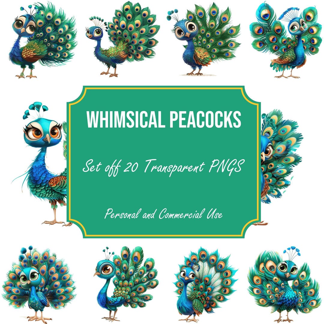 Whimsical Peacock Clipart Set - 20 PNG Digital Illustrations - Cute ...